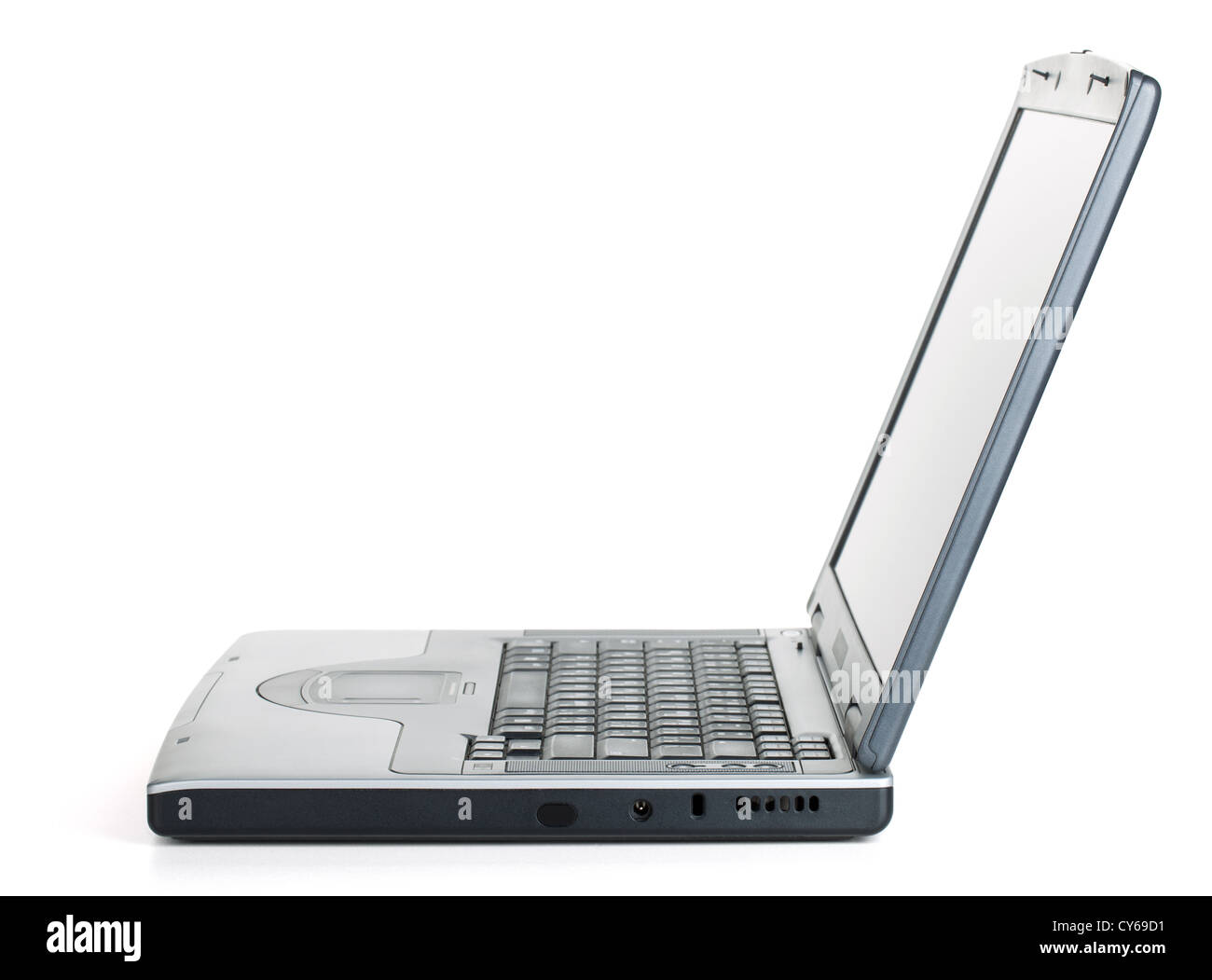 Laptop with blank black screen. Side view. Isolated on white background ...