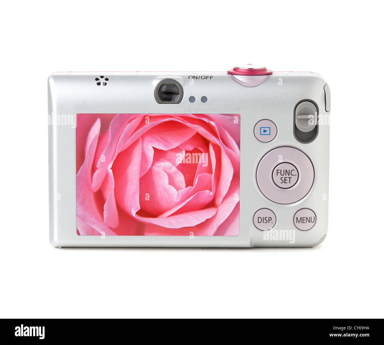 Compact digital camera with flower on display. Isolated on white ...