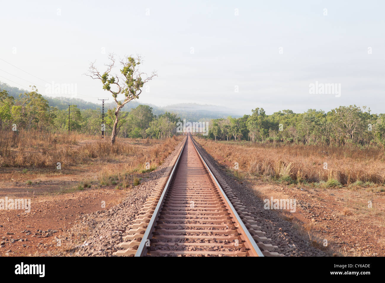 Train track running through the outback in the Northern Territory ...