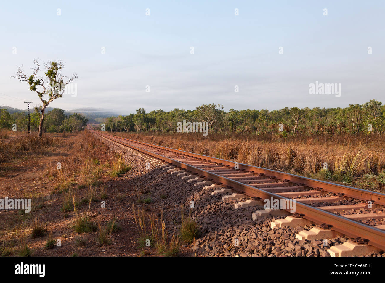 Train track running through the outback in the Northern Territory ...