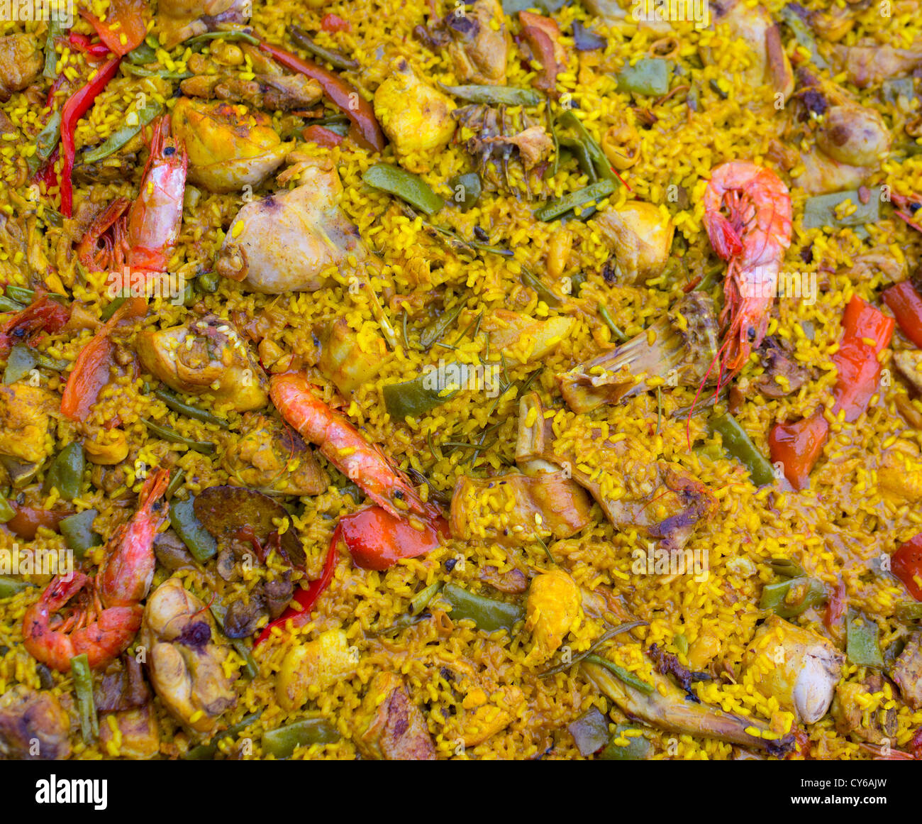 Spanish rice paella mixed of meat and seafood in Valencian community ...