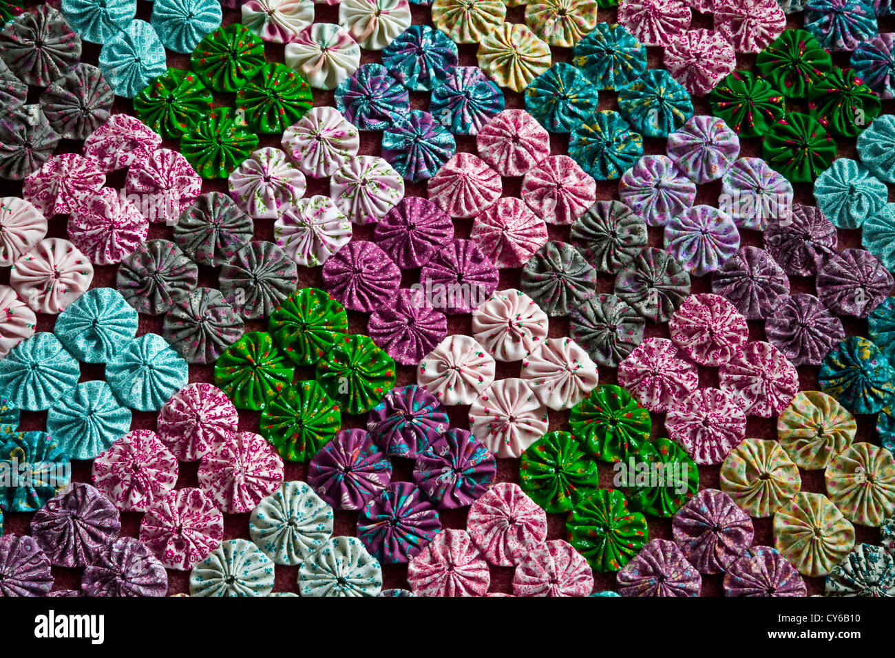 Close up unusual vintage handmade fabric pattern squares and blocks of ...