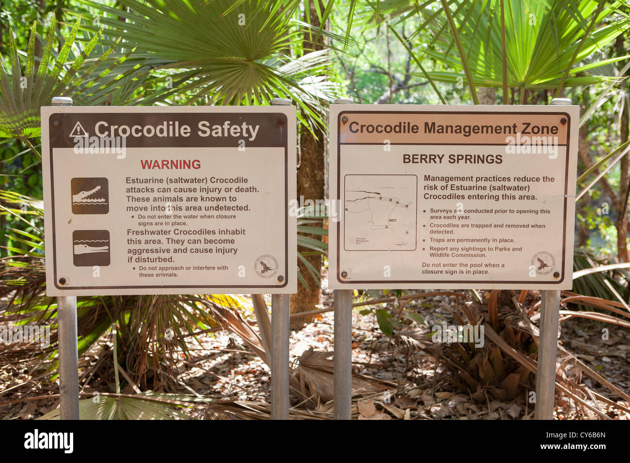 Crocodile safety warning signs at Berry springs, Northern Territory ...