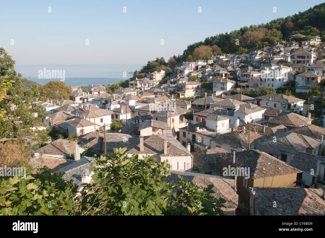 Thassos, Greece. Greek island. September. Grey slate roofs on the old ...