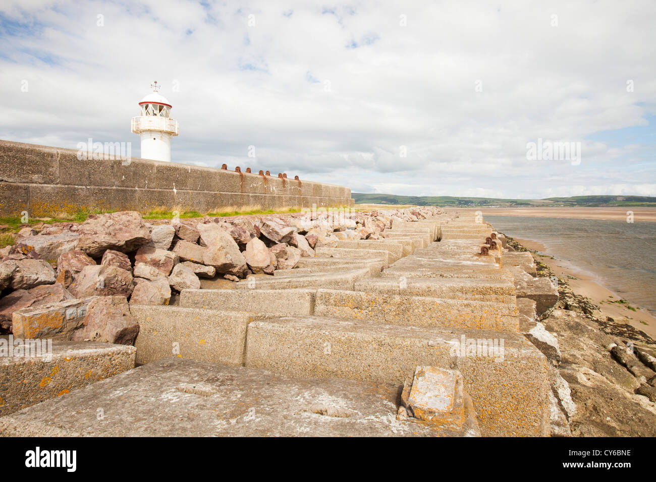 Concrete barriers on the Duddon estuary at Hodbarrow, Cumbria, UK Stock ...