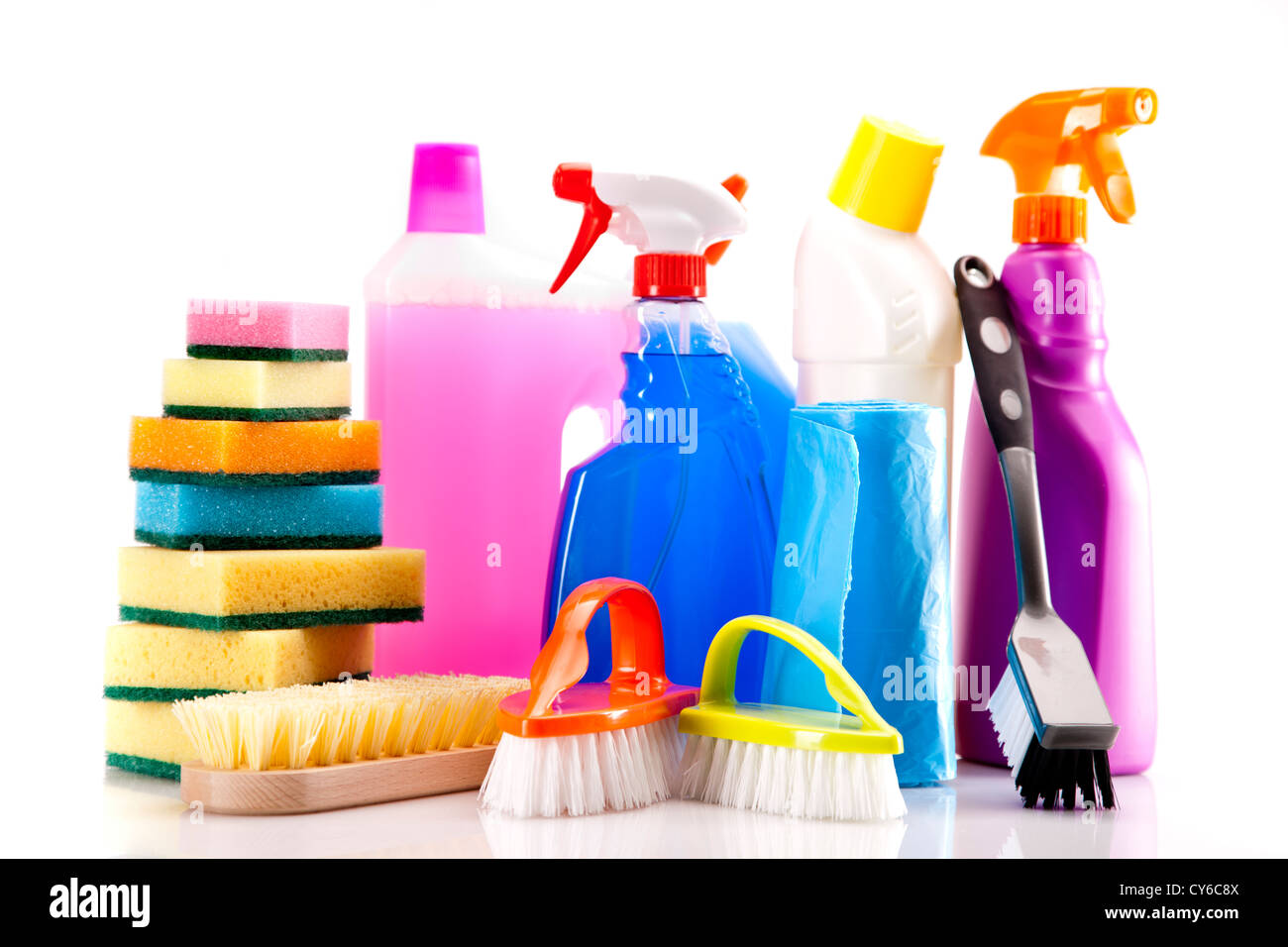 Cleaning items isolated on white background Stock Photo - Alamy
