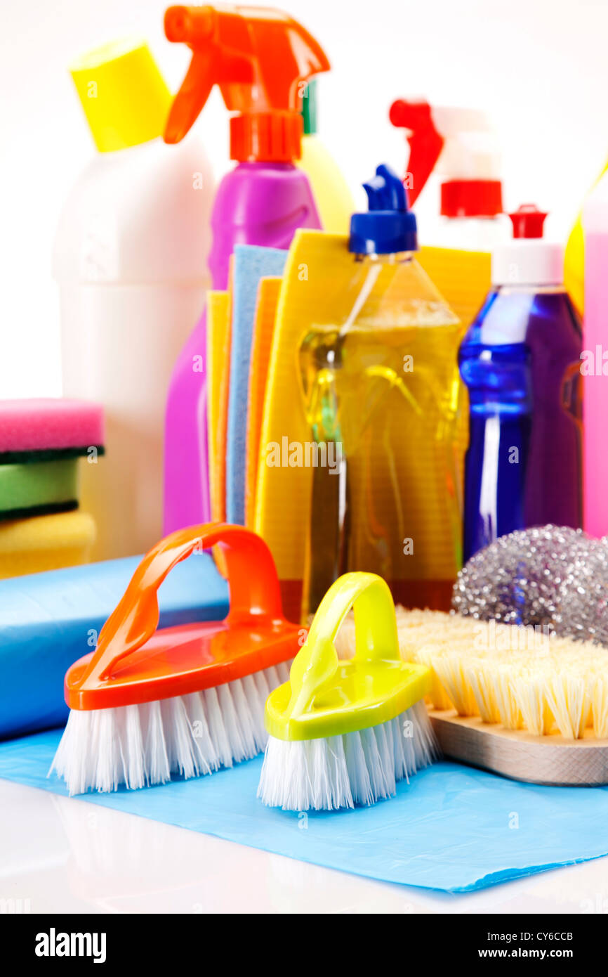 Cleaning items isolated on white background Stock Photo - Alamy