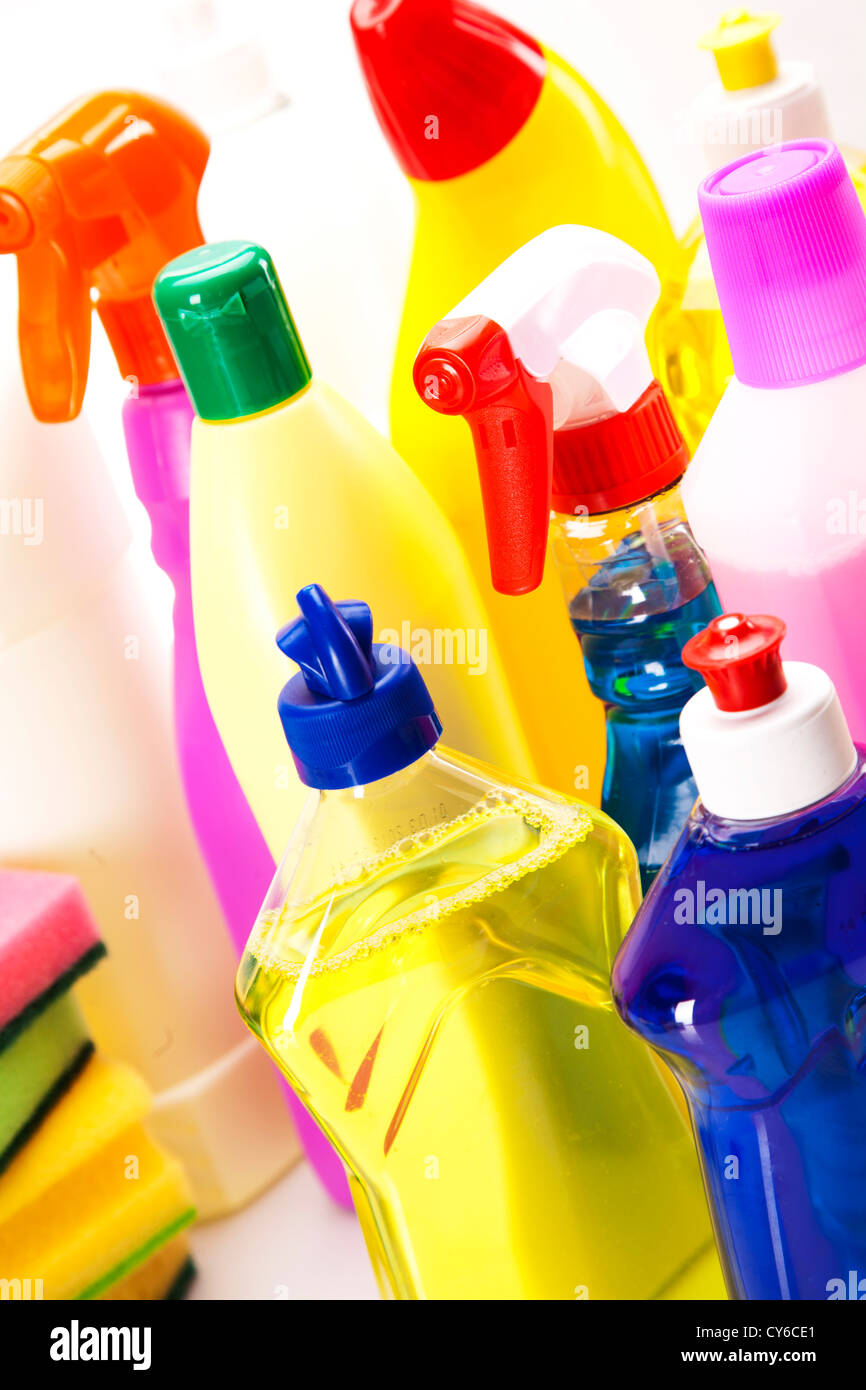 Cleaning items isolated on white background Stock Photo - Alamy
