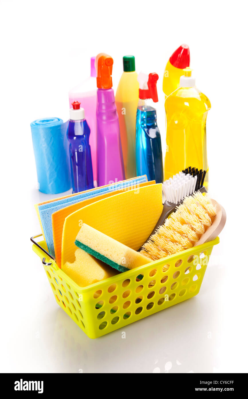 Cleaning items isolated on white background Stock Photo - Alamy