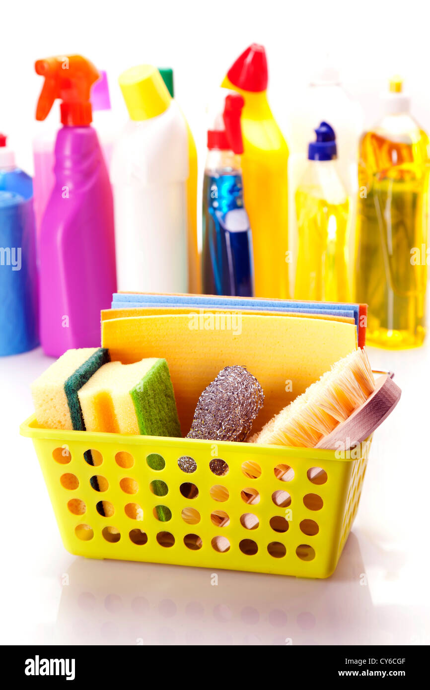 Cleaning items isolated on white background Stock Photo - Alamy