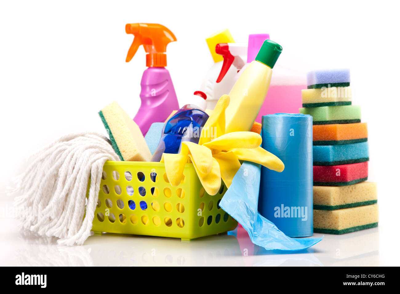 Cleaning items isolated on white background Stock Photo - Alamy