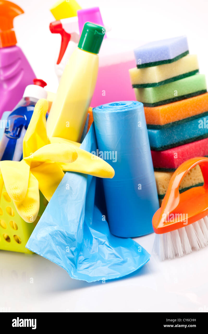 Cleaning items isolated on white background Stock Photo - Alamy