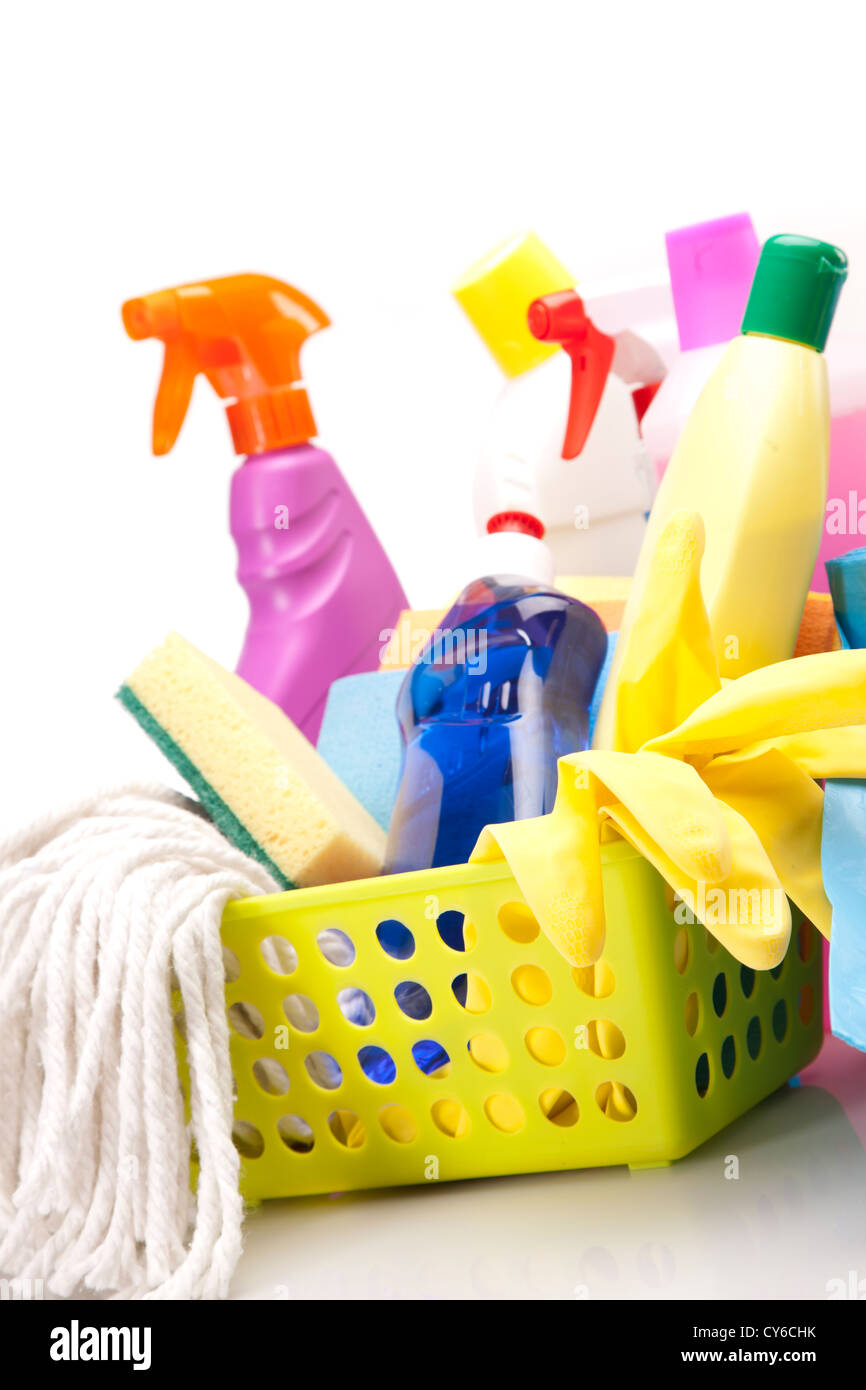 Cleaning items isolated on white background Stock Photo - Alamy