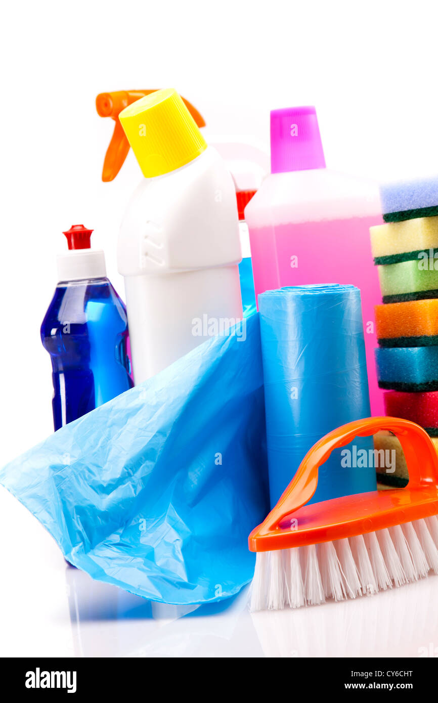 Cleaning items isolated on white background Stock Photo - Alamy