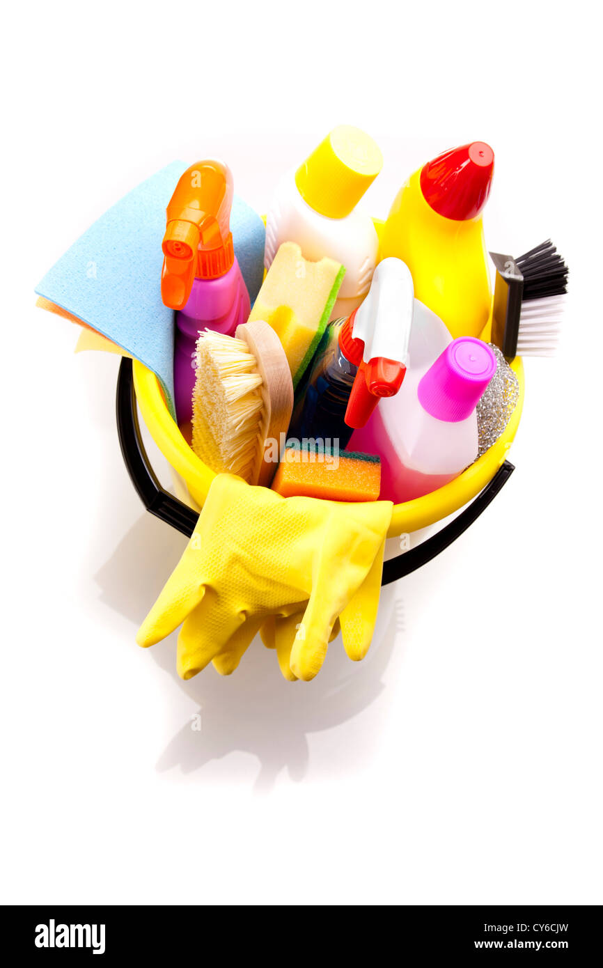 Cleaning items isolated on white background Stock Photo - Alamy
