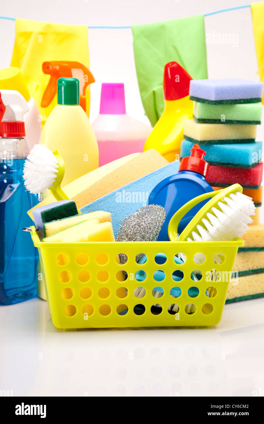 Cleaning items isolated on white background Stock Photo - Alamy
