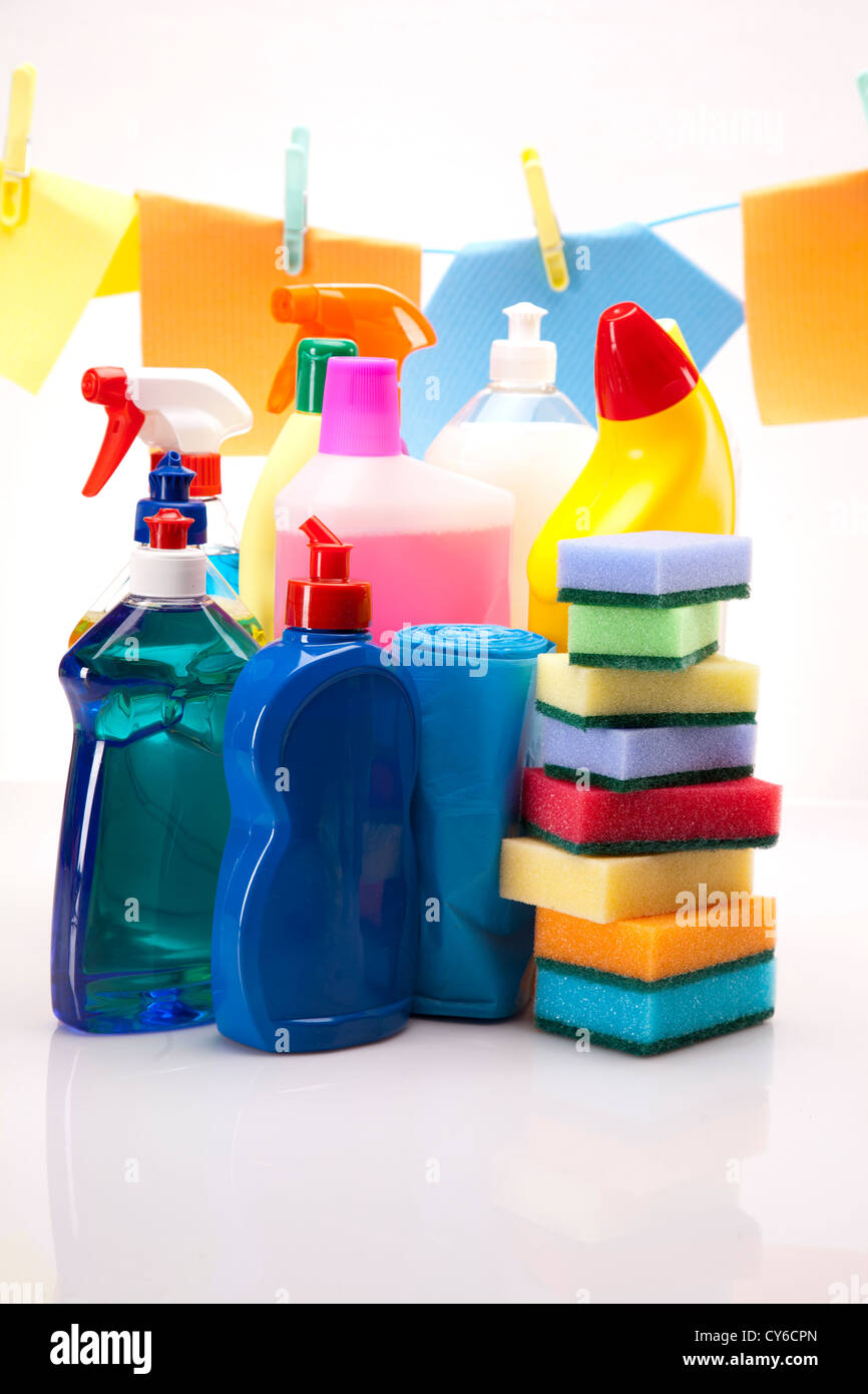 Cleaning items isolated on white background Stock Photo - Alamy