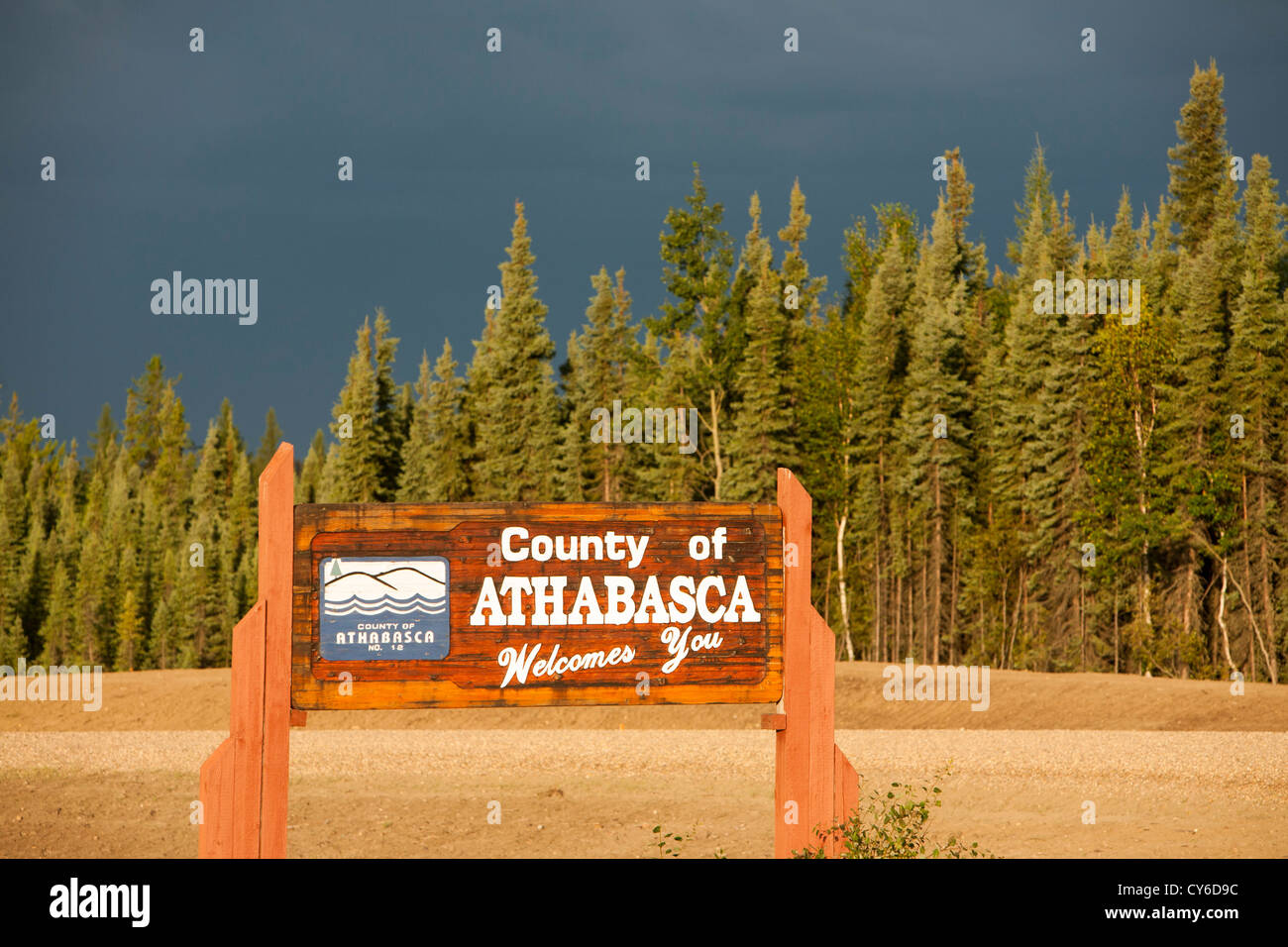 A sign for Athabasca County in the Boreal forest, Alberta, Canada Stock ...