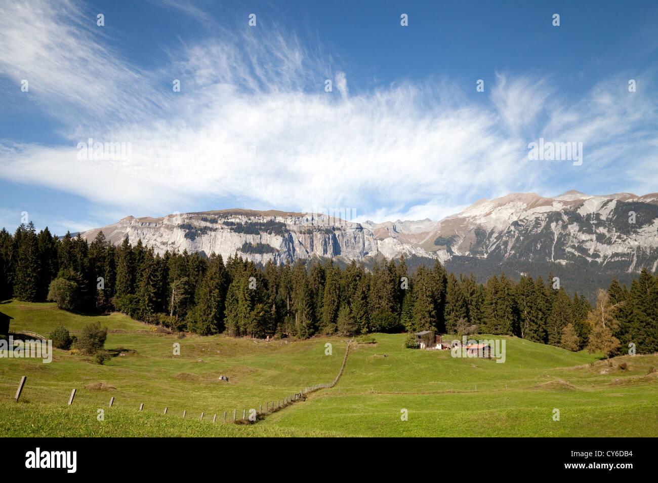 The Flimserstein mountain and meadows, Swiss alps at Flims, Switzerland ...