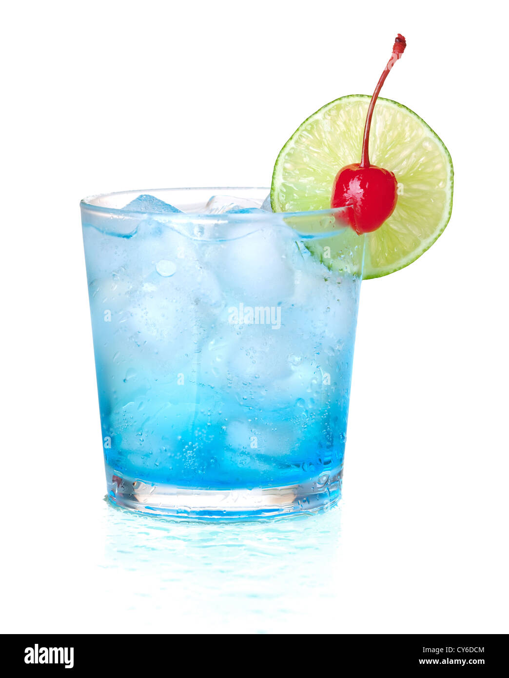 Blue alcohol cocktail with maraschino and lime. Isolated on white ...