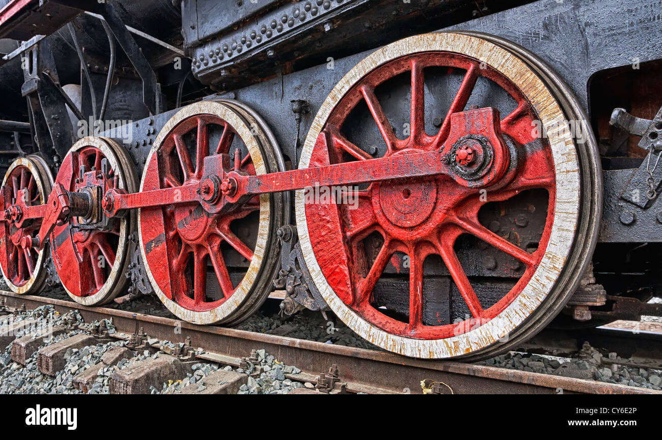 Old steam locomotive engine wheel and rods details Stock Photo - Alamy