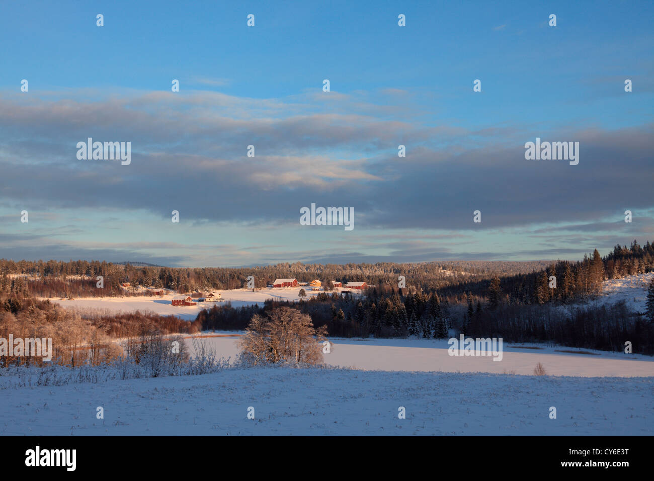 Swedish winter landscape with red wooden houses Stock Photo - Alamy