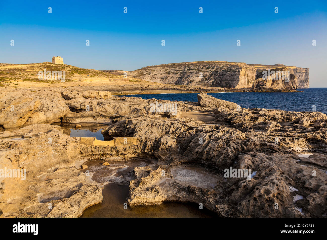 Rugged coast of the Maltese island Gozo, near Dwejra and the Fungus ...