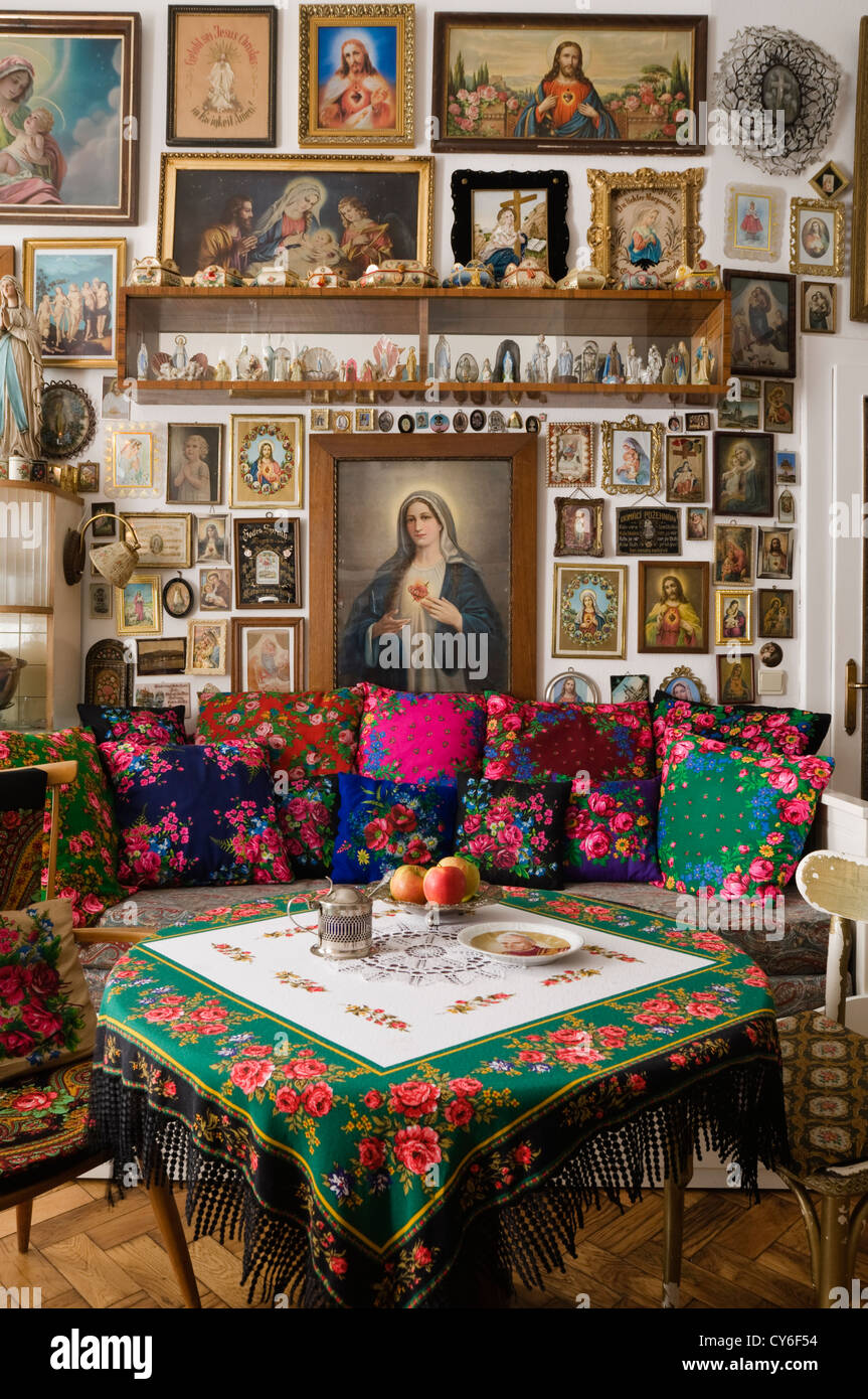 Kitchen furnished with vintage furniture and orthodox Russian ...