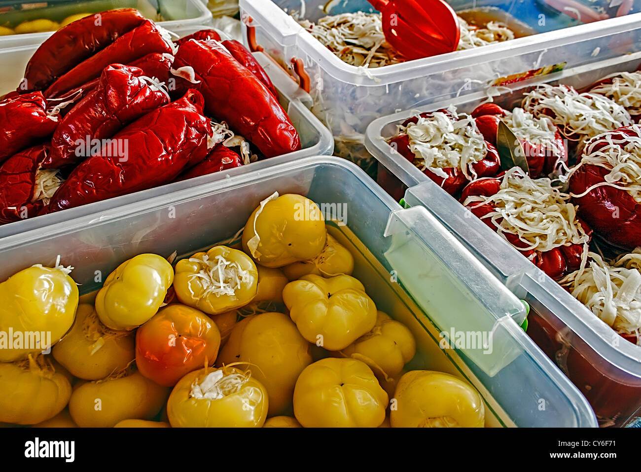 Pickles prepared in house, peppers and cabbage, exposed in bulk for ...