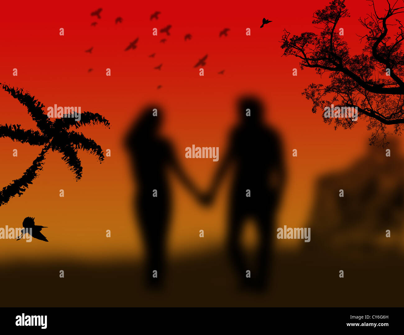 Lovers in a park with birds and trees on froggy sunset Stock Photo - Alamy