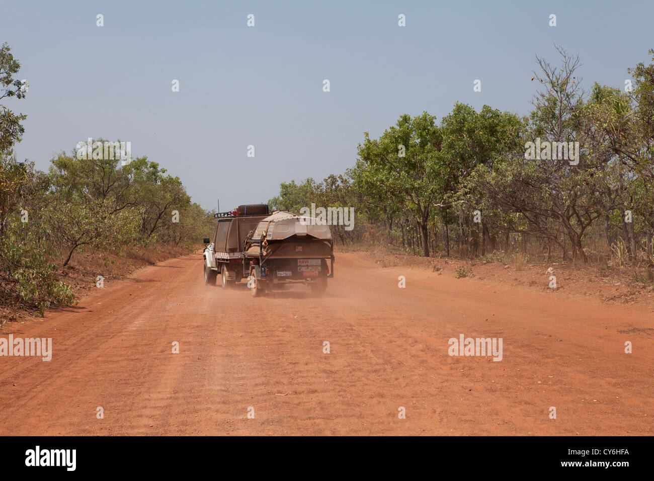 4x4 vehicle and trailer driving an unsealed Corrugated road in the ...