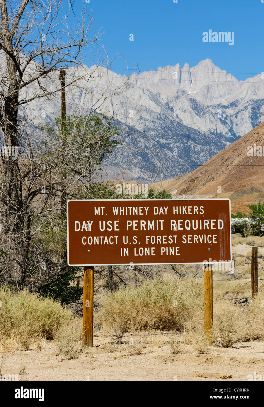 Mount Whitney trail sign with view of mountain beyond, Lone Pine, CA ...