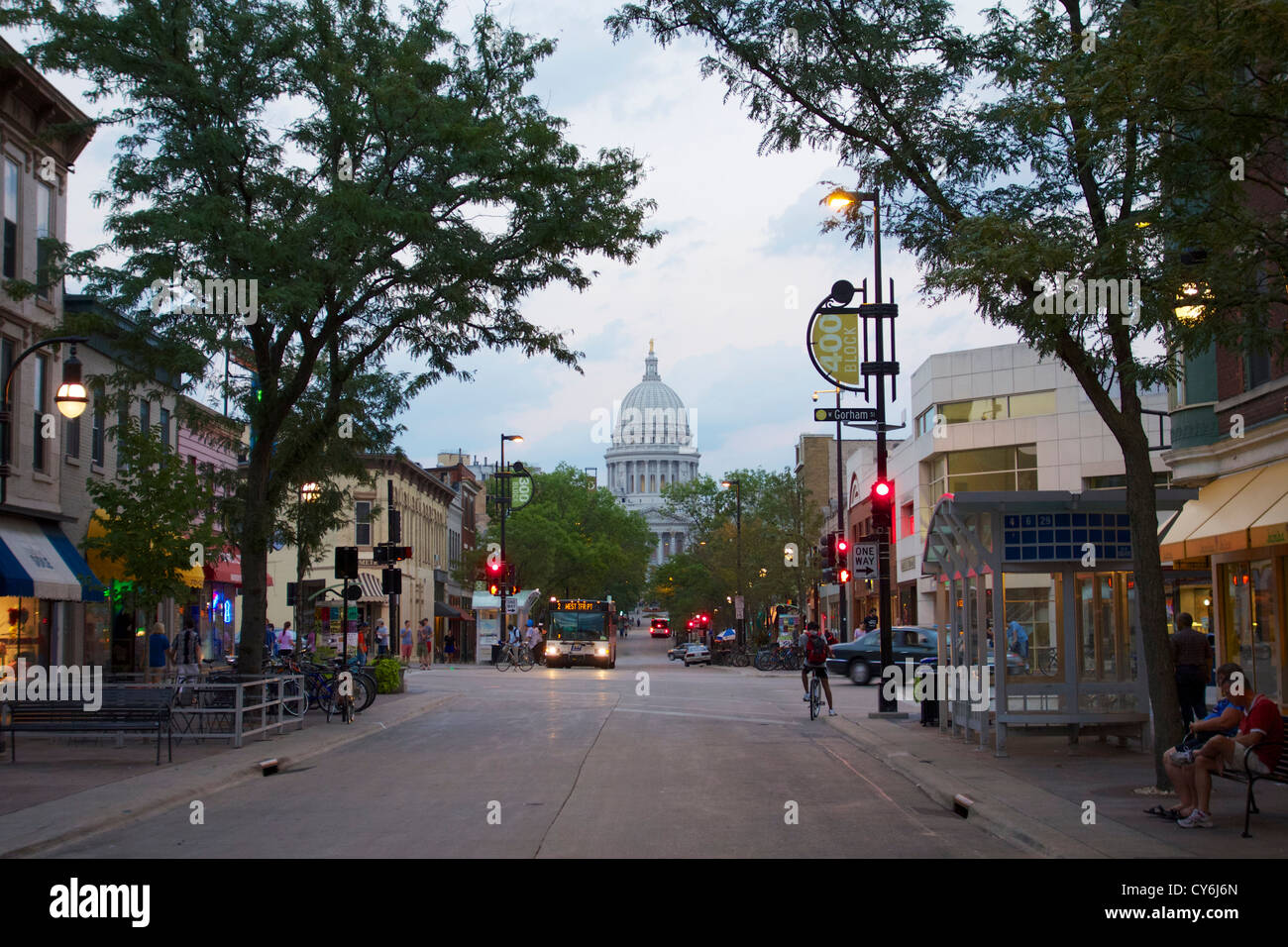 State Street, Madison, Wisconsin. State Capitol Building in background ...