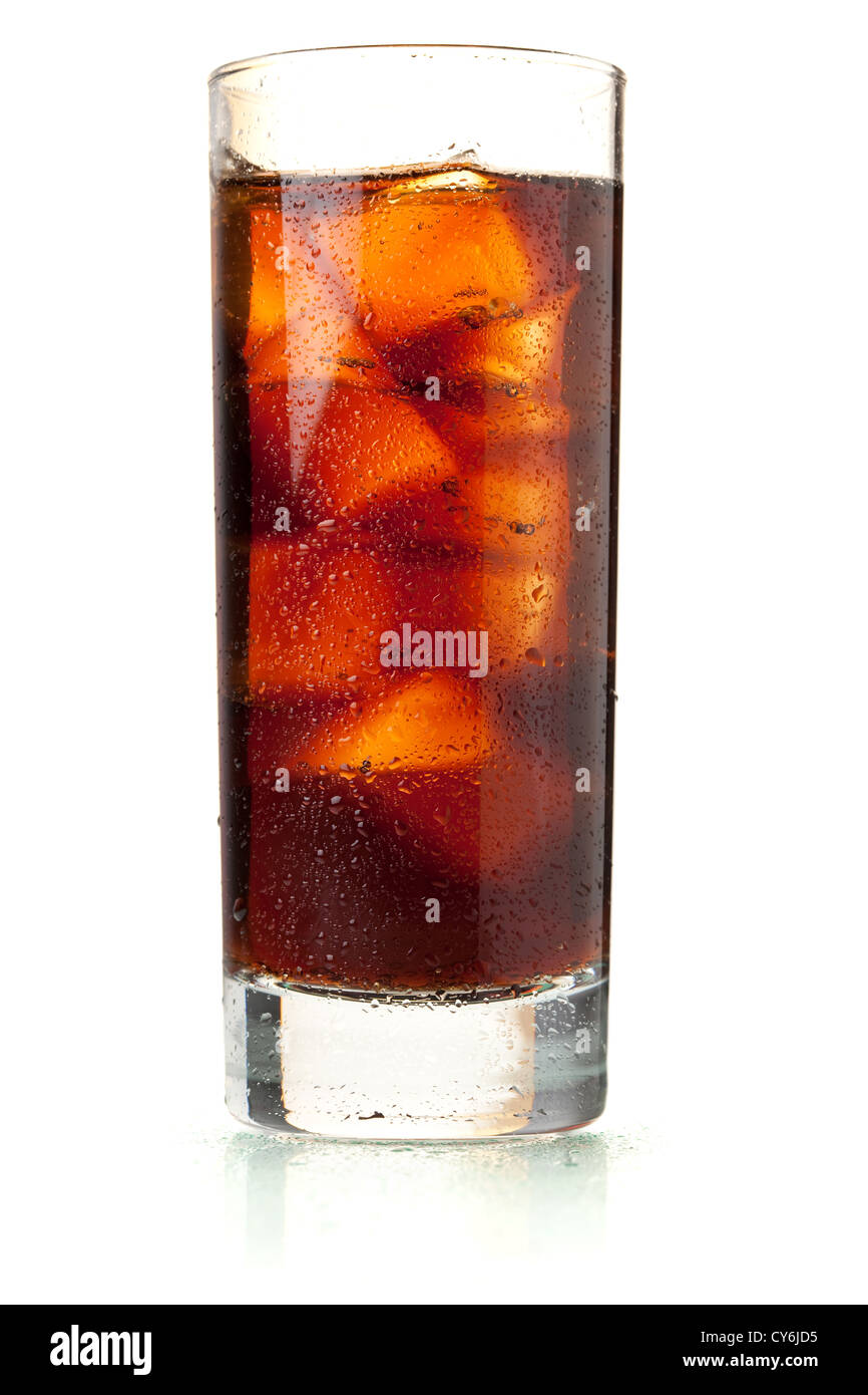 Cola in highball glass with water drops. Isolated on white background ...