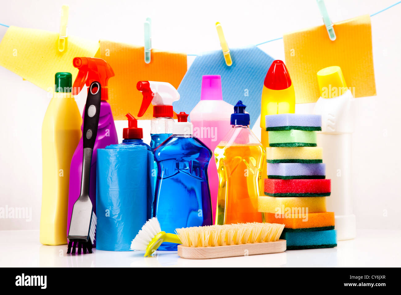 Cleaning items isolated on white background Stock Photo - Alamy