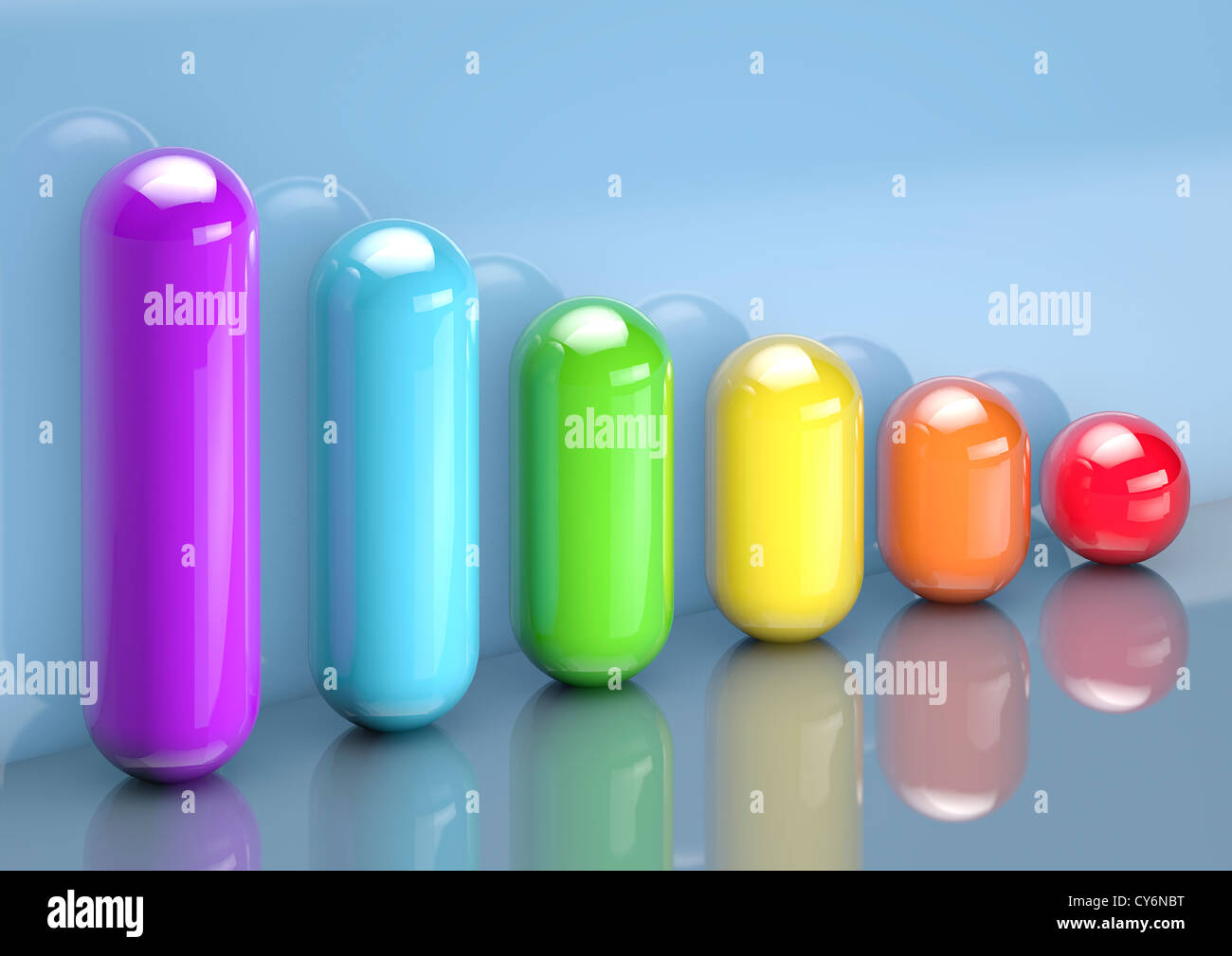Series of muti-coloured capsules forming a descending graph ...