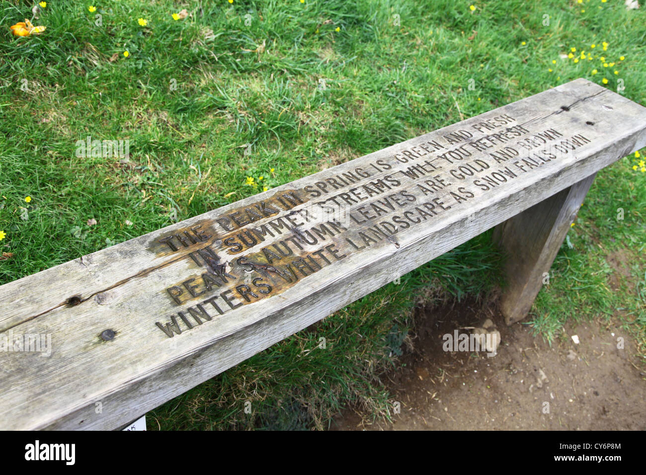 A poem on a wooden seat or bench in the Peak District National Park ...