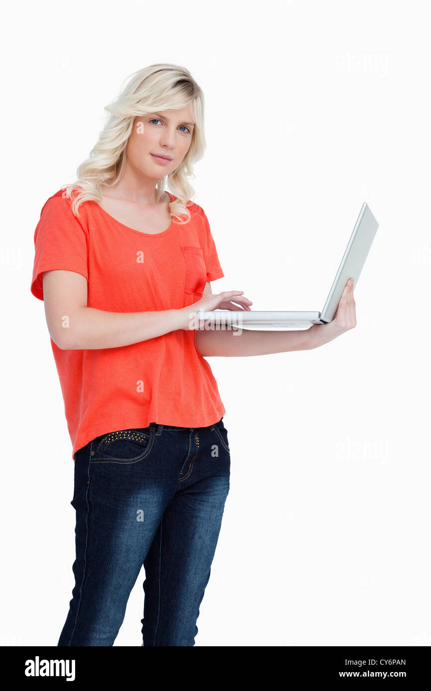 Girl laptop in hands Cut Out Stock Images & Pictures - Alamy