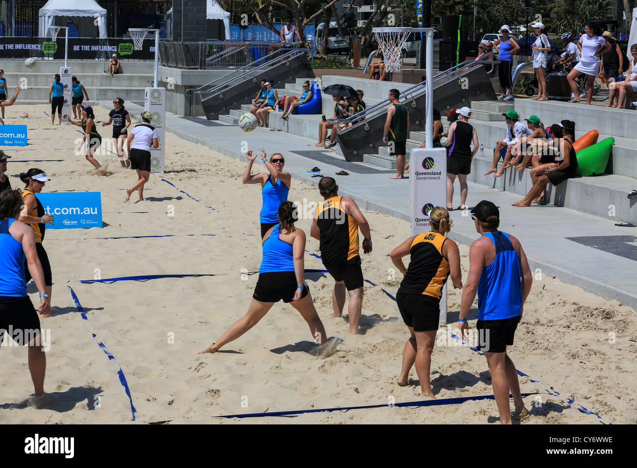 The game is on at the Beach Netball at Surfers Paradise beach for the ...