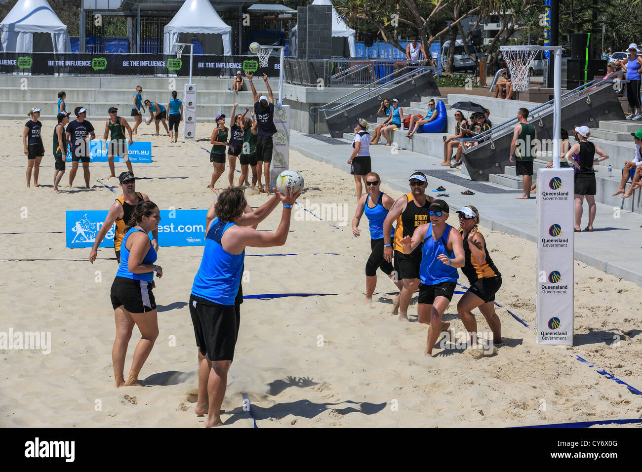 The game is on at the Beach Netball at Surfers Paradise beach for the ...