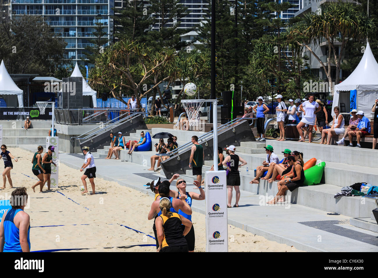 The game is on at the Beach Netball at Surfers Paradise beach for the ...