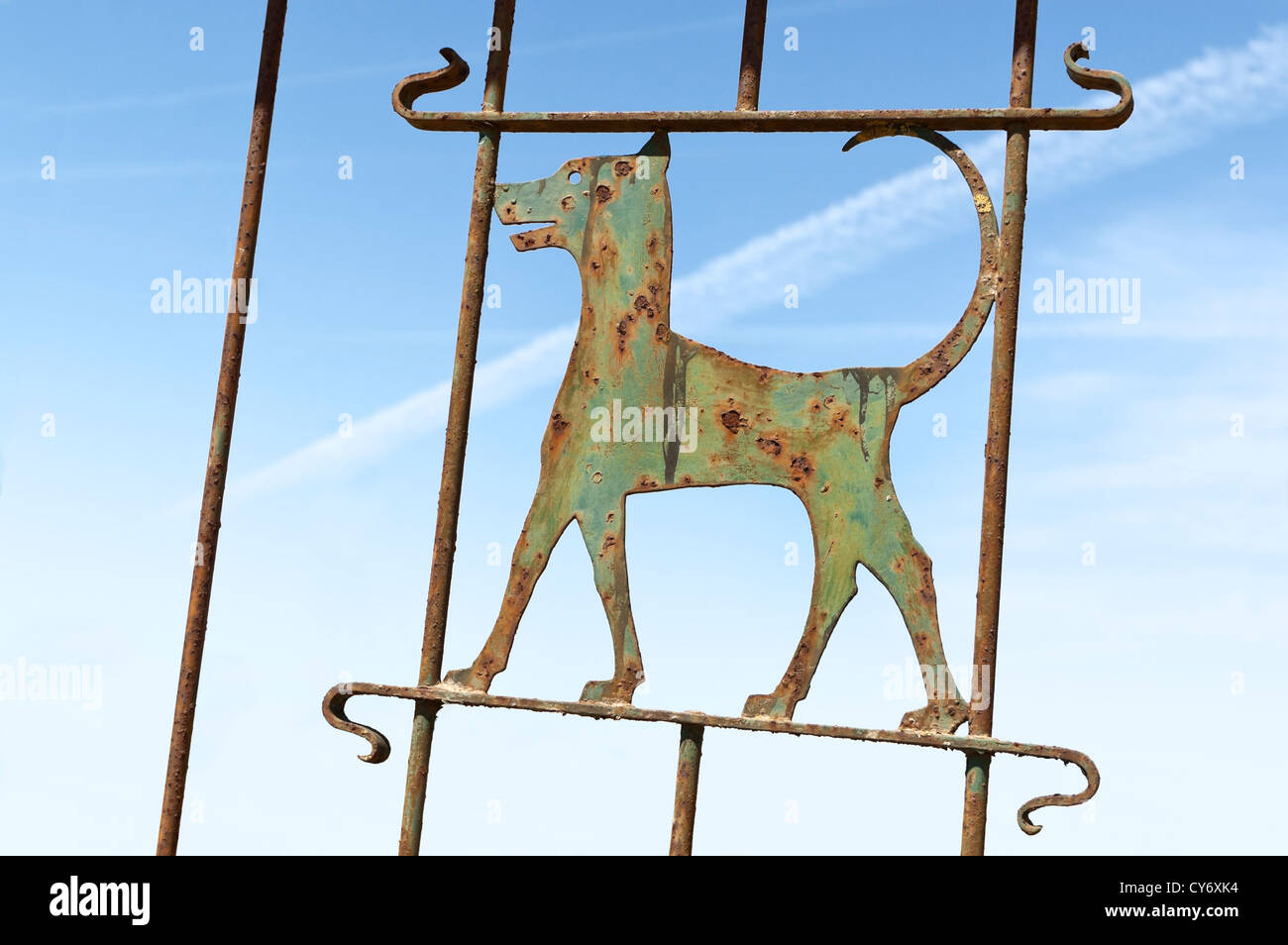 Wrought iron gate decorated with a dog, Borba, Alentejo, Portugal Stock ...