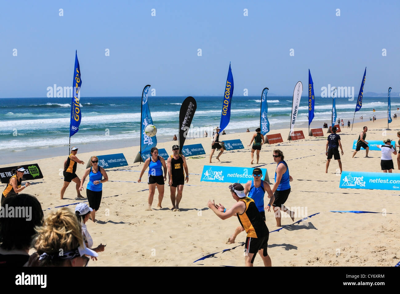 The game is on at the Beach Netball at Surfers Paradise beach for the ...
