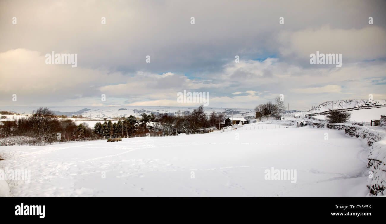 Looking North over snowy landscape over smallholding. Nidderdale, North ...