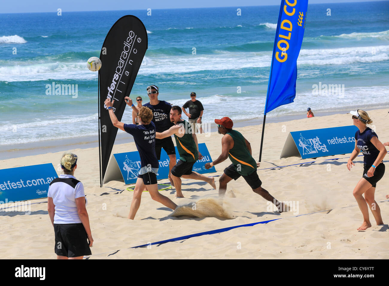 The game is on at the Beach Netball at Surfers Paradise beach for the ...