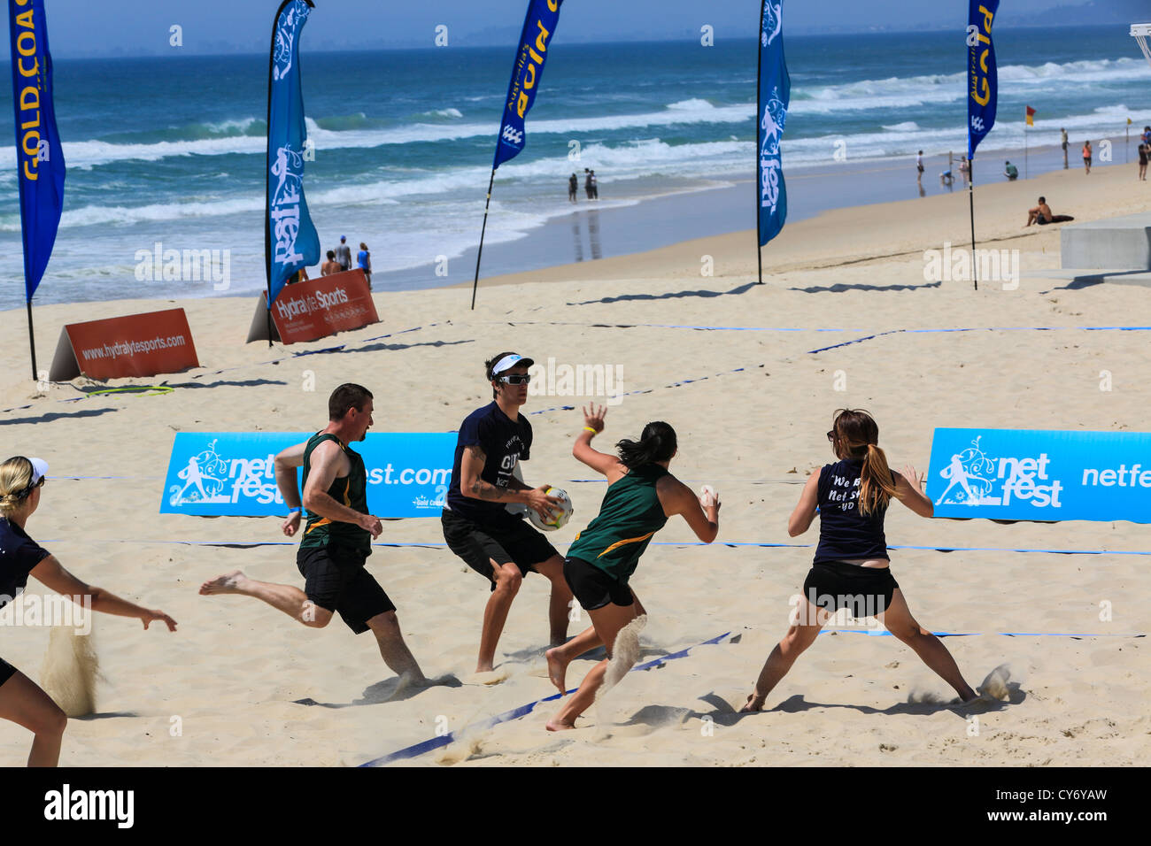 The game is on at the Beach Netball at Surfers Paradise beach for the ...