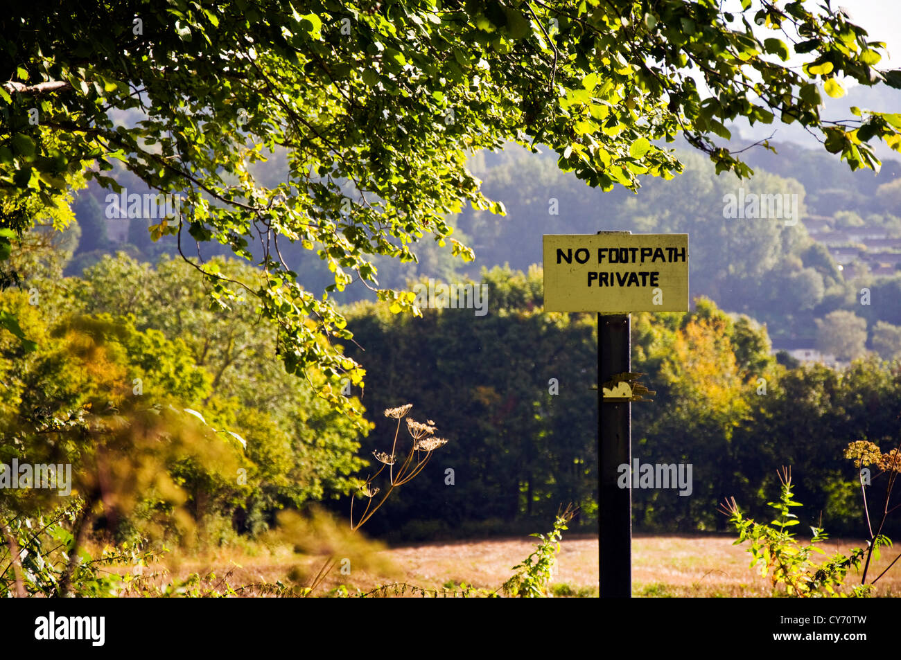 Sign saying No Footpath Private in rural England Stock Photo - Alamy