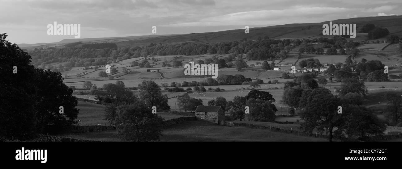 Black and White image panoramic Bainbridge pastures; Bainbridge village ...