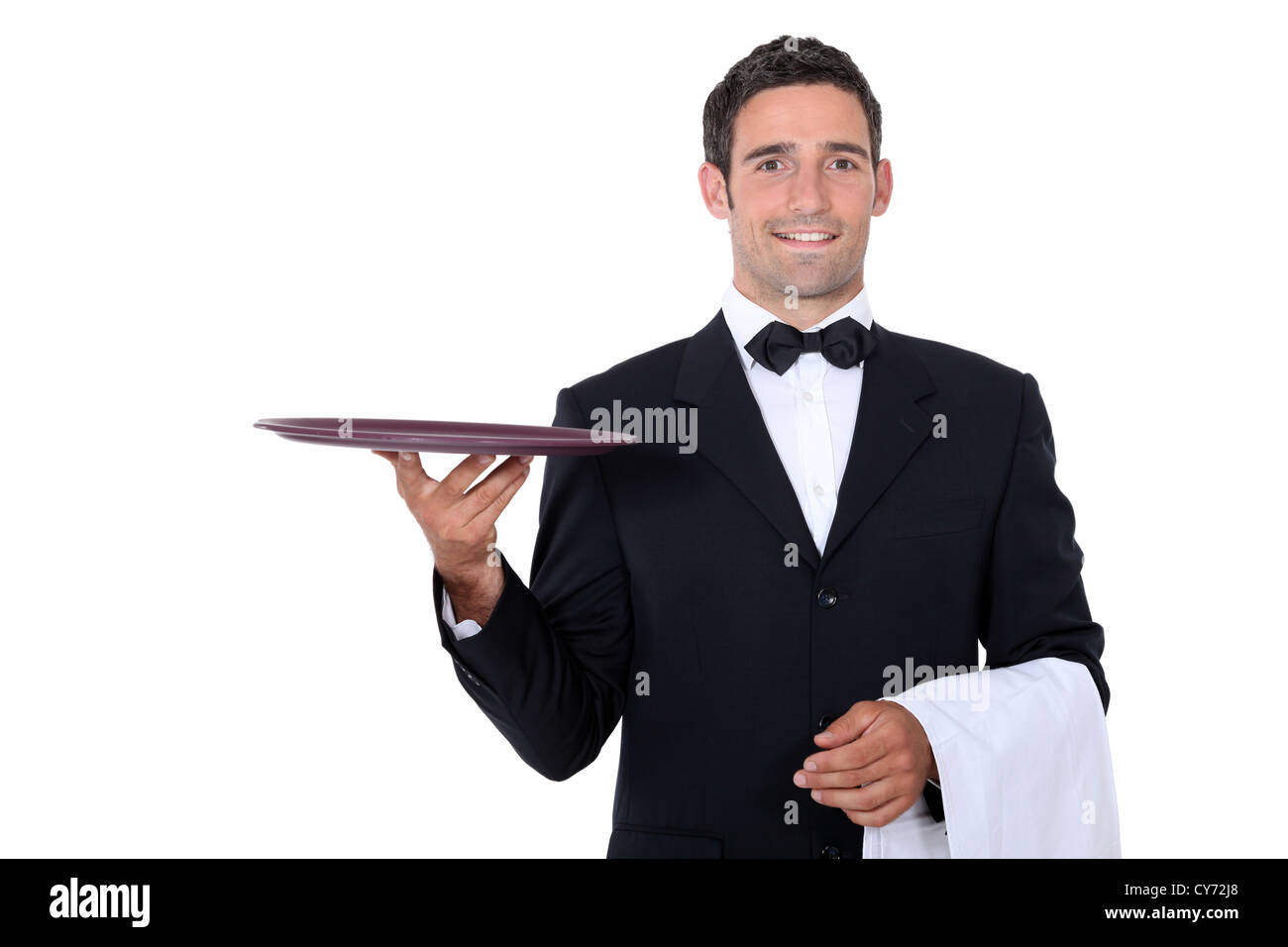 Waiter with tray smoking and balance Stock Photo - Alamy