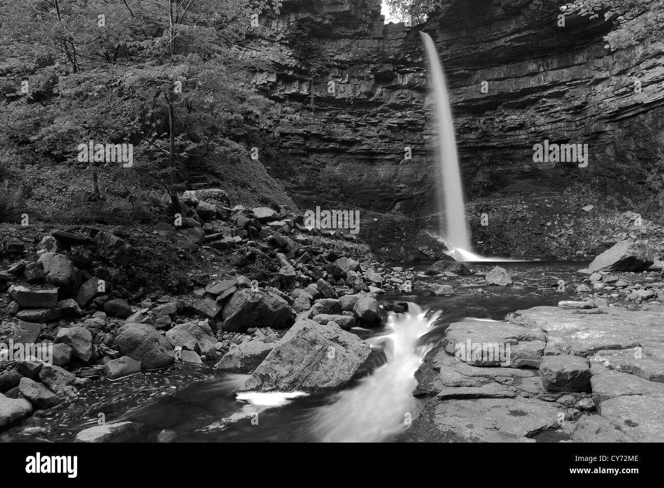 Black and White image panoramic Hardraw Force waterfall, River Ure ...